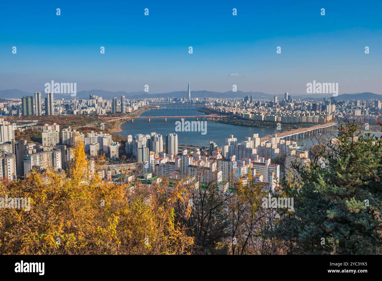 Seoul South Korea city skyline at Han River view from Maebong Mountain ...
