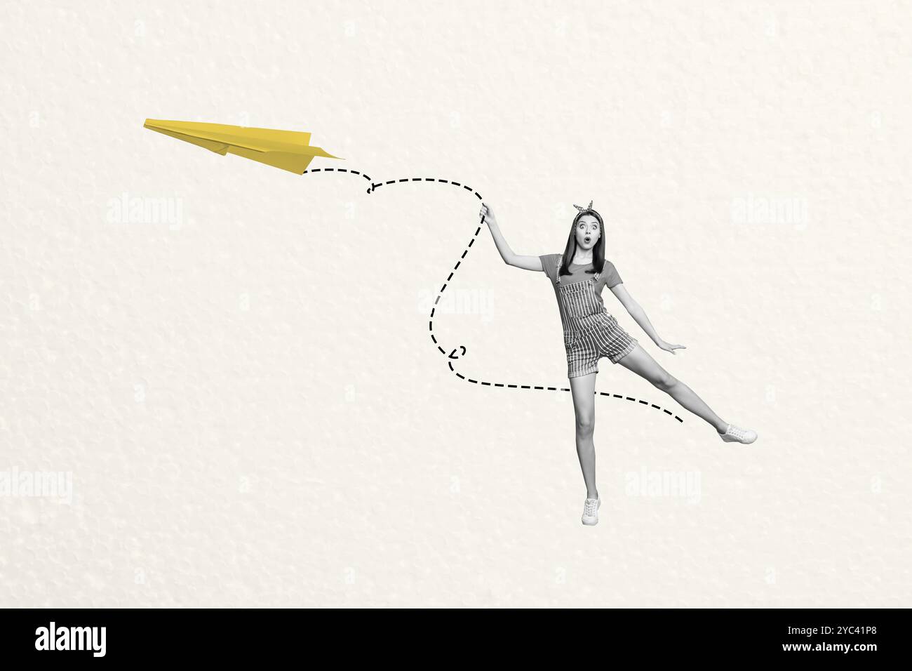 Photo collage image poster of cheerful happy crazy woman hold paper ...