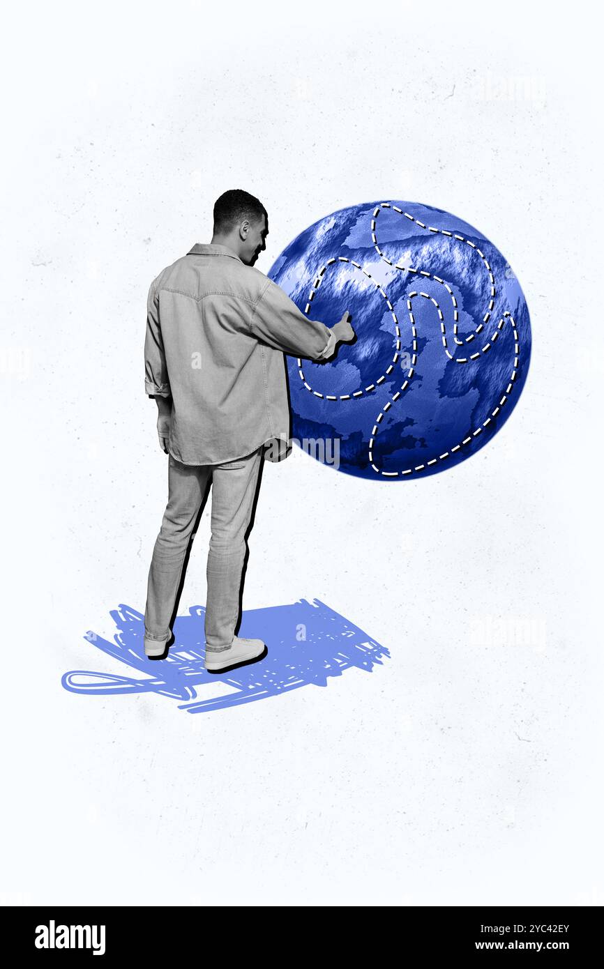 Vertical photo collage of happy american guy choose globe map ...