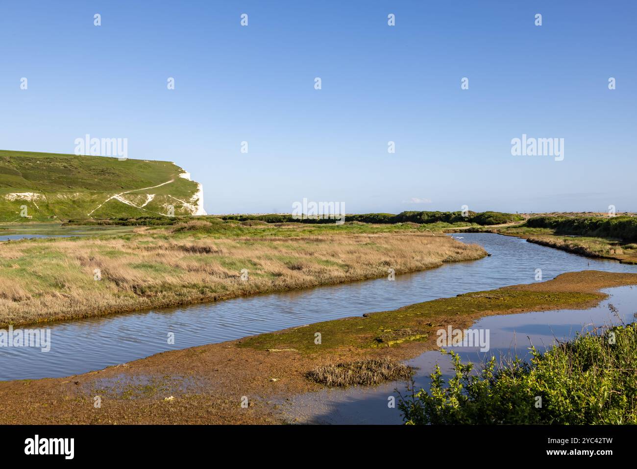 A view of the Cuckmere Valley in the South Downs, with a clear blue sky ...