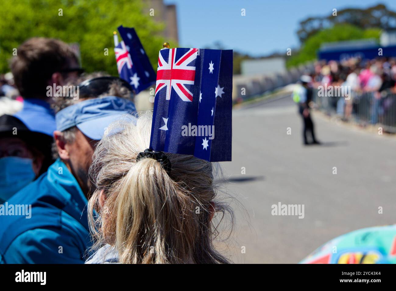 Canberra, Australia. 21st Oct, 2024. The general public await the arrival of Queen Camilla and ...