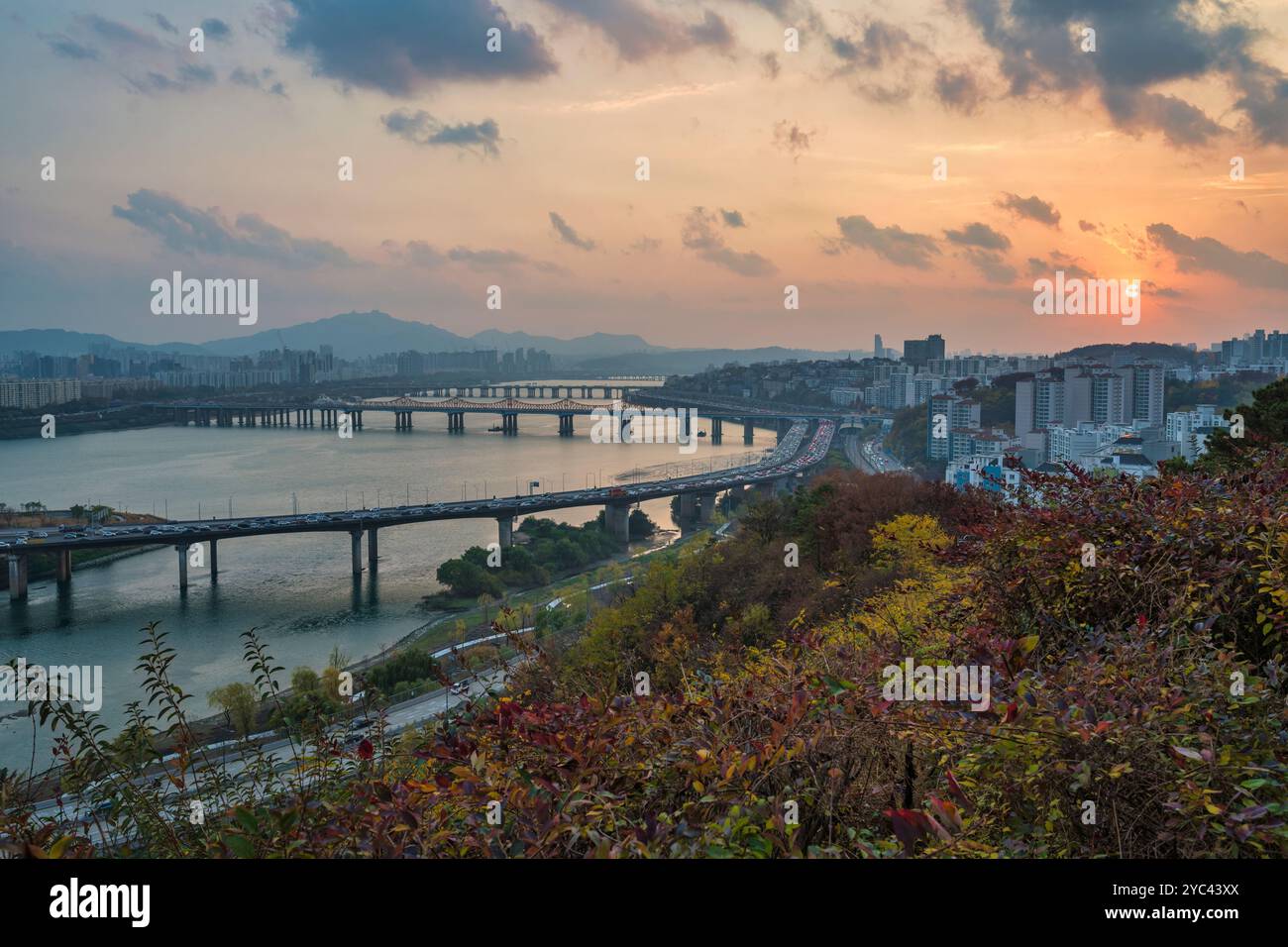Seoul South Korea sunset city skyline at Han River view from ...