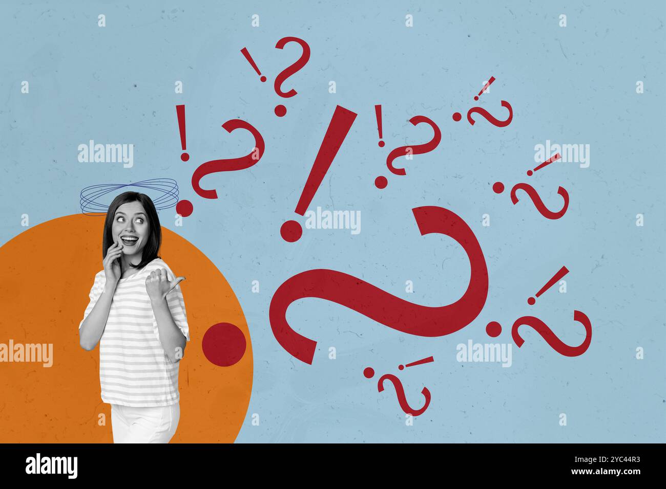 Creative collage young excited girl thumb showing dilemma question mark ...