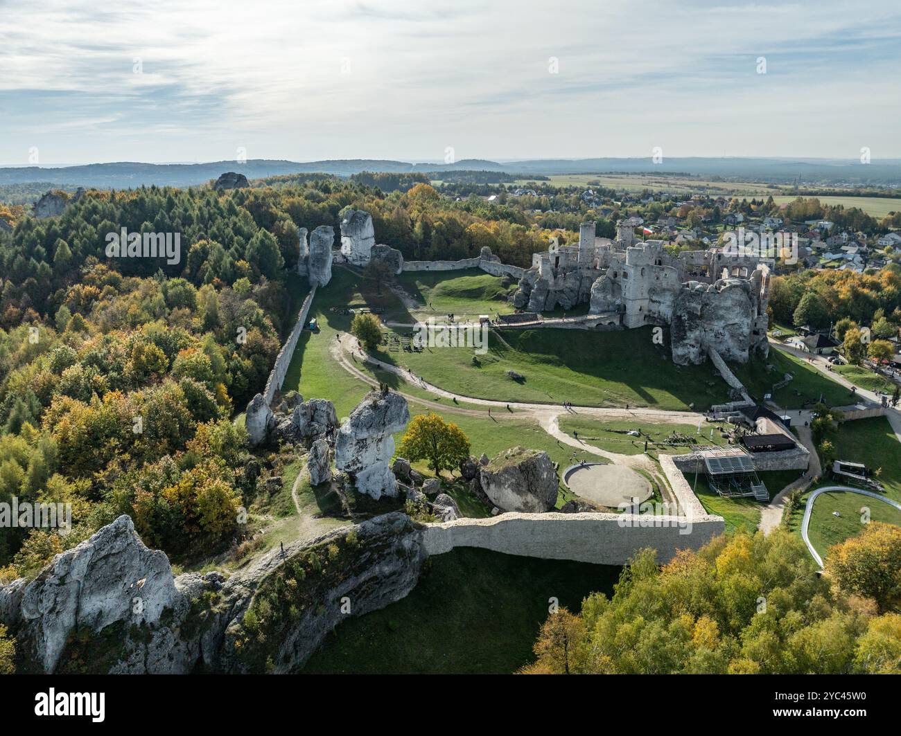 Aerial drone view of medieval castle Ogrodzieniec in Poland ...