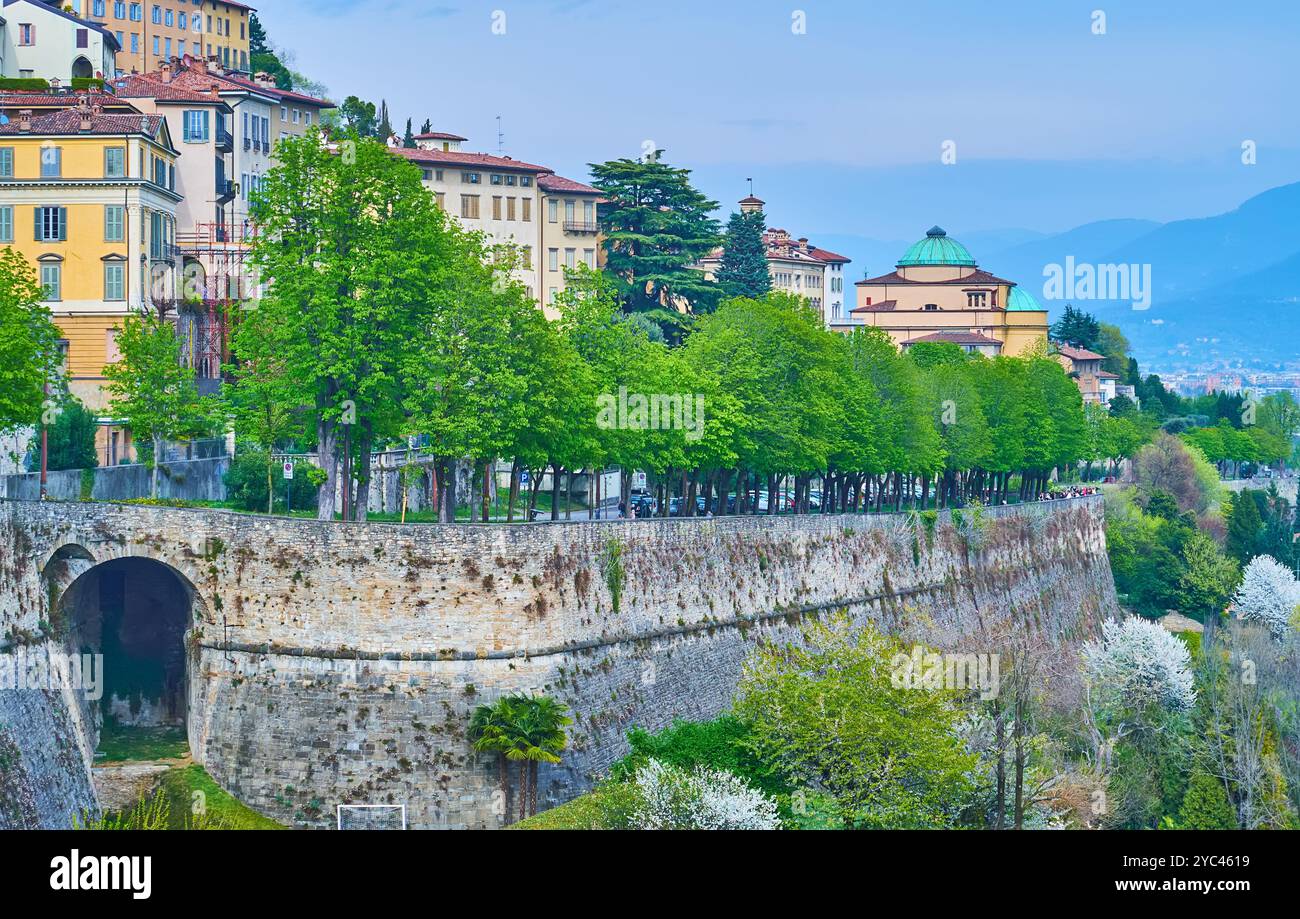 The medieval Venetian Walls of Bergamo Citta Alta and the lush green ...