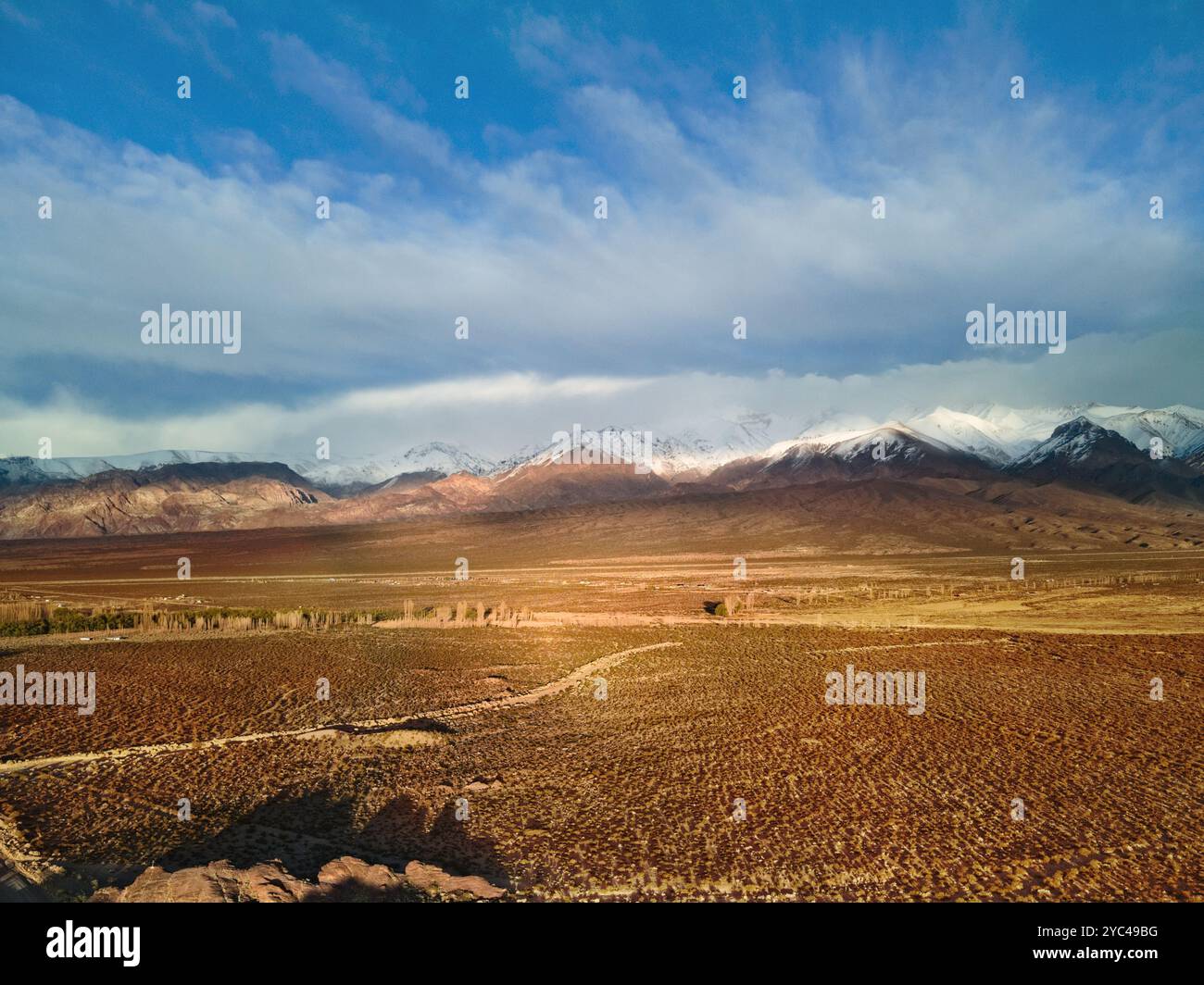 Desert steppe by the Andes mountains near Uspallata, Argentina. Aerial ...