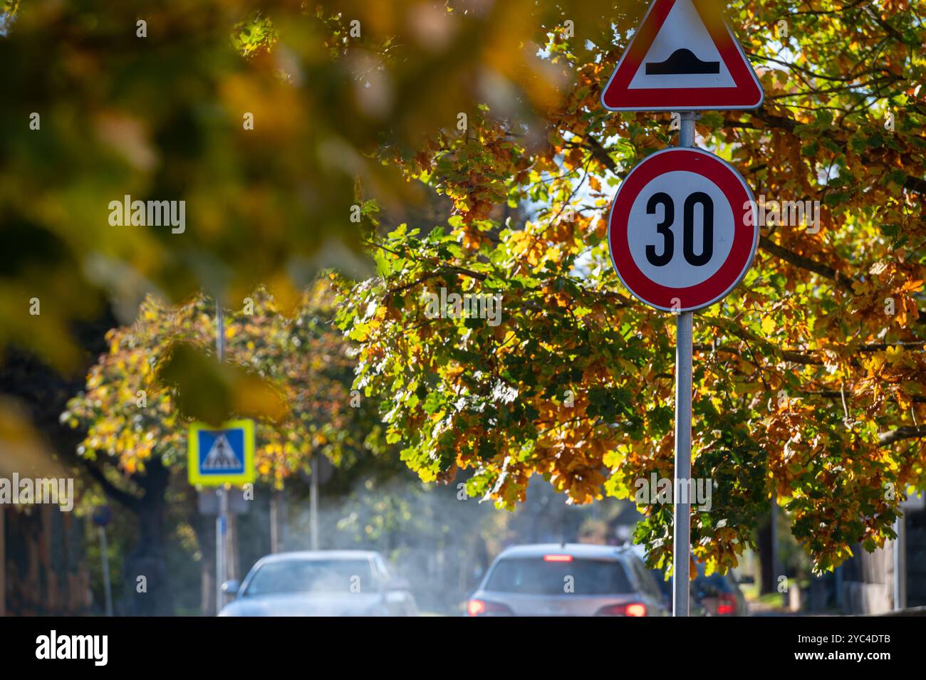 Cars drive past speed limit signs under vibrant fall foliage during ...