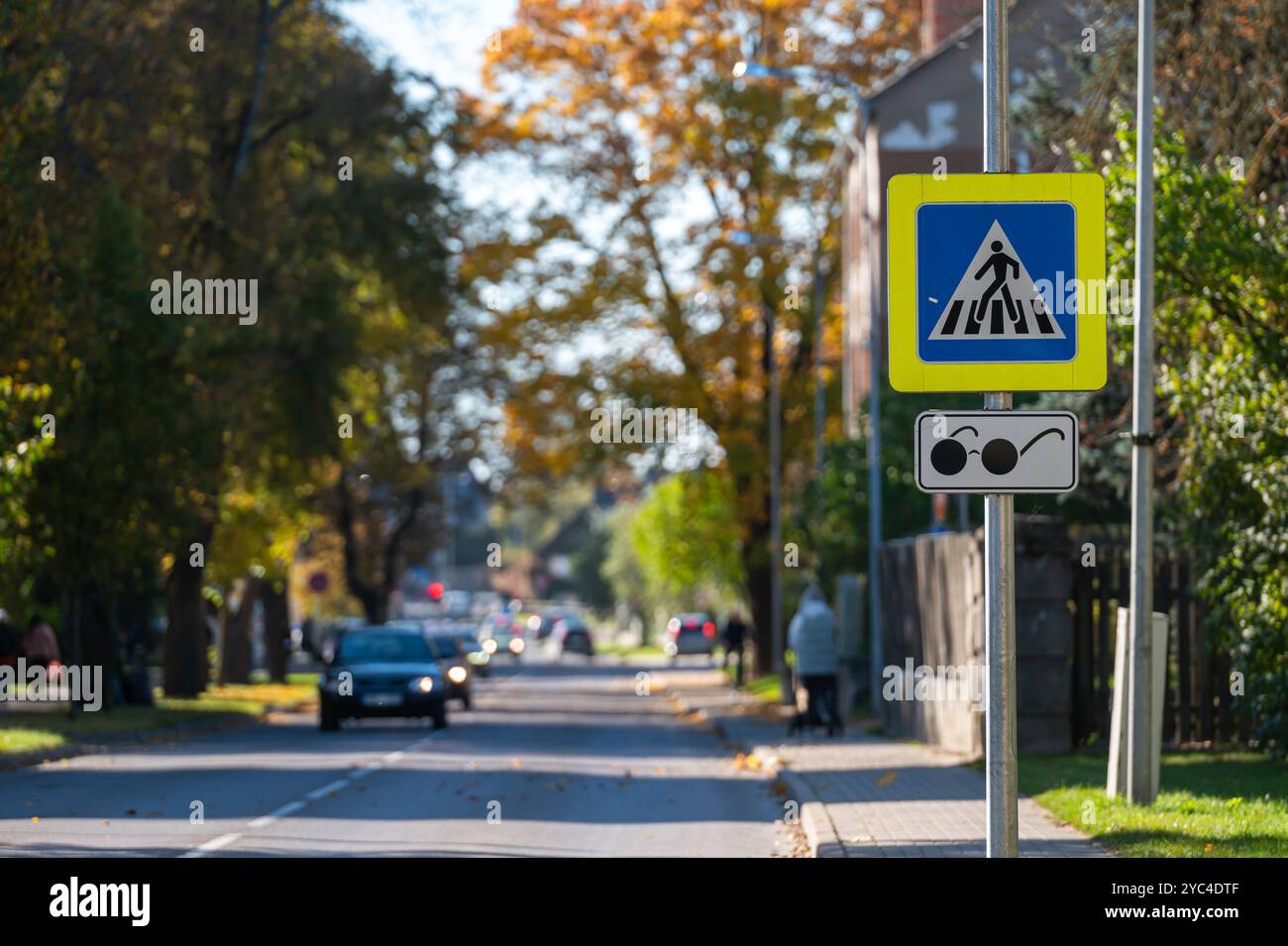 A pedestrian crossing sign stands bright against fall foliage in a ...