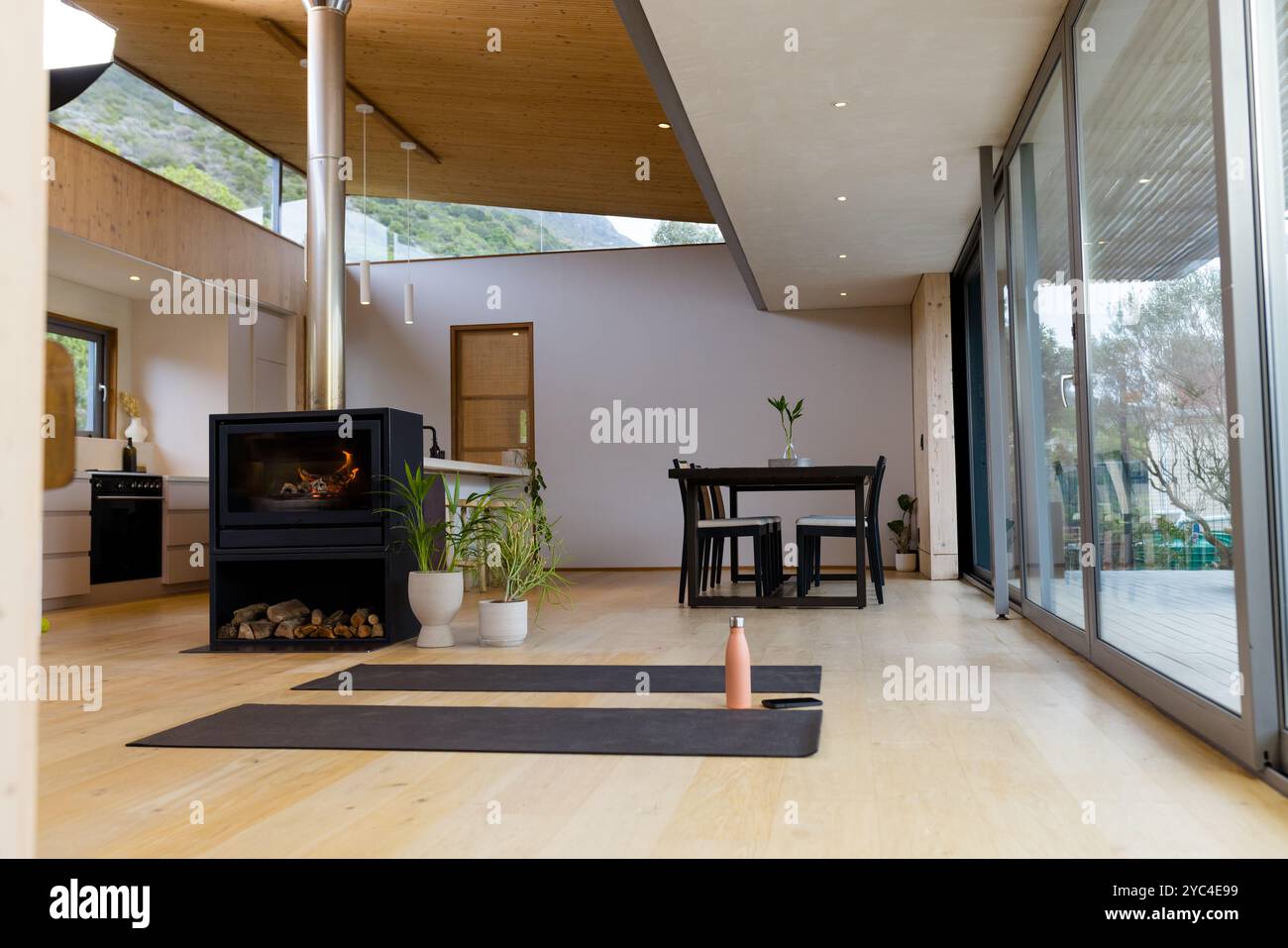 Modern living room with yoga mats, cozy fireplace, and large windows ...