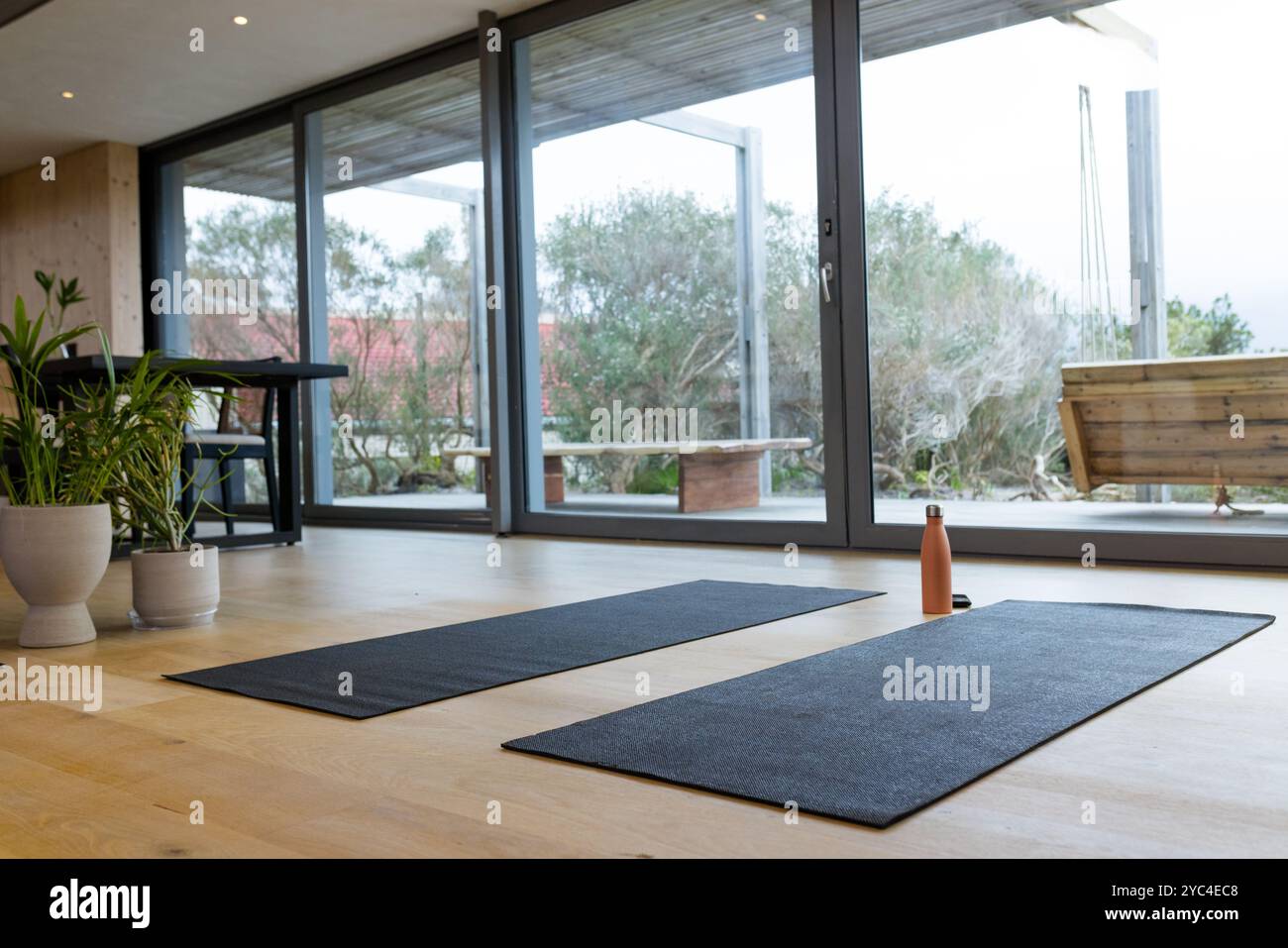 Yoga mats and water bottle ready for exercise in bright home studio ...