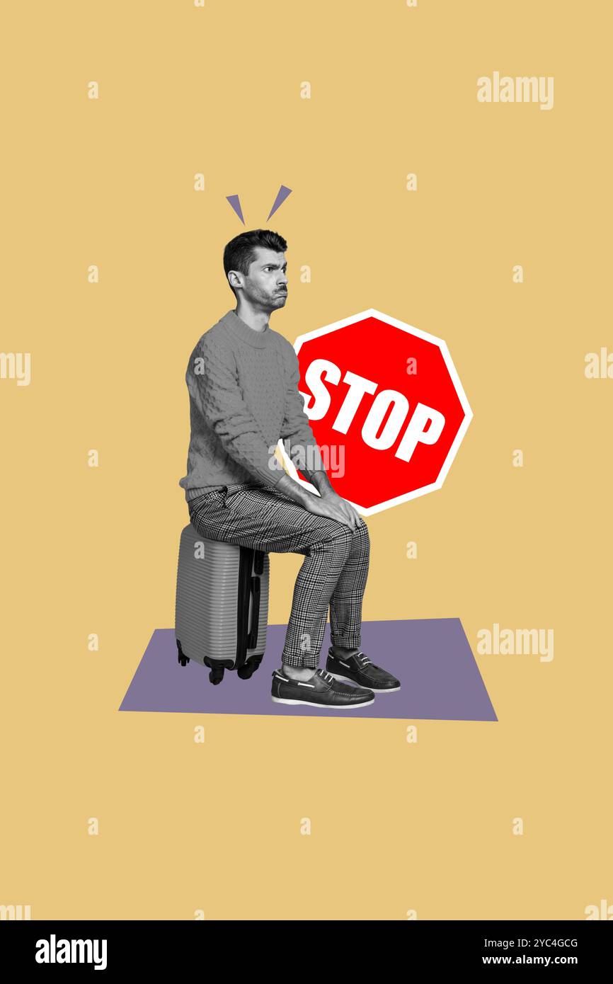 Vertical photo collage of unhappy man sit suitcase abroad immigrant ...