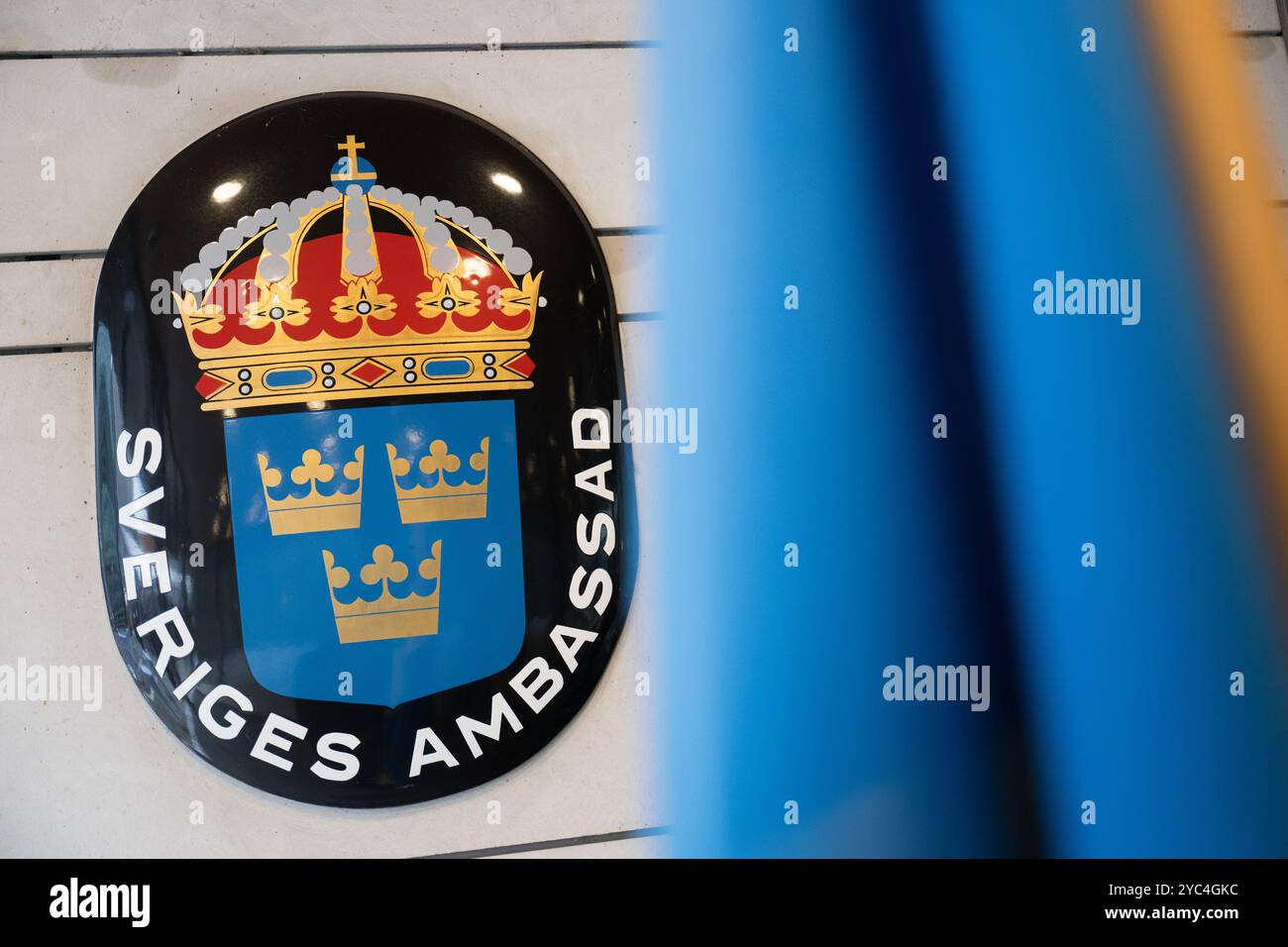 21 October 2024, Berlin: The sign of the Swedish Embassy during a ...