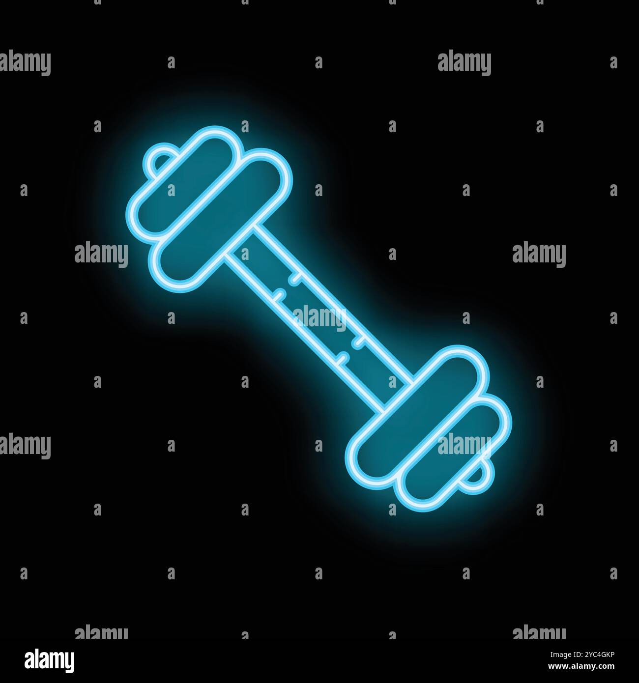 Glowing neon blue dumbbell is isolated on a black background ...