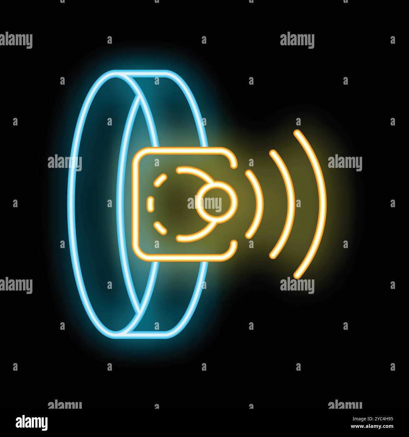 Vibrant neon icon depicting a fitness tracker is emitting waves ...