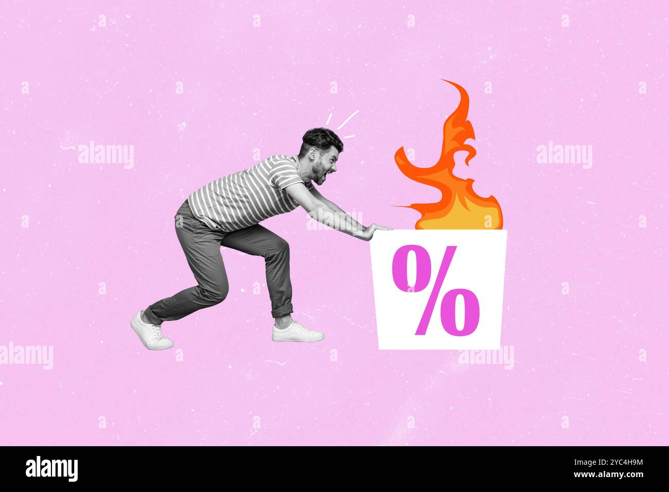 Composite photo collage of angry man push inflation burn fire ...