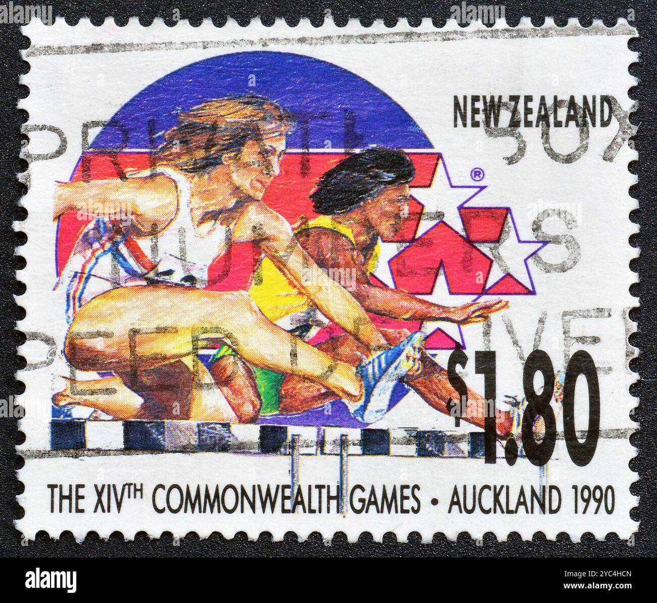 Cancelled postage stamp printed by New Zealand, that shows Hurdling ...