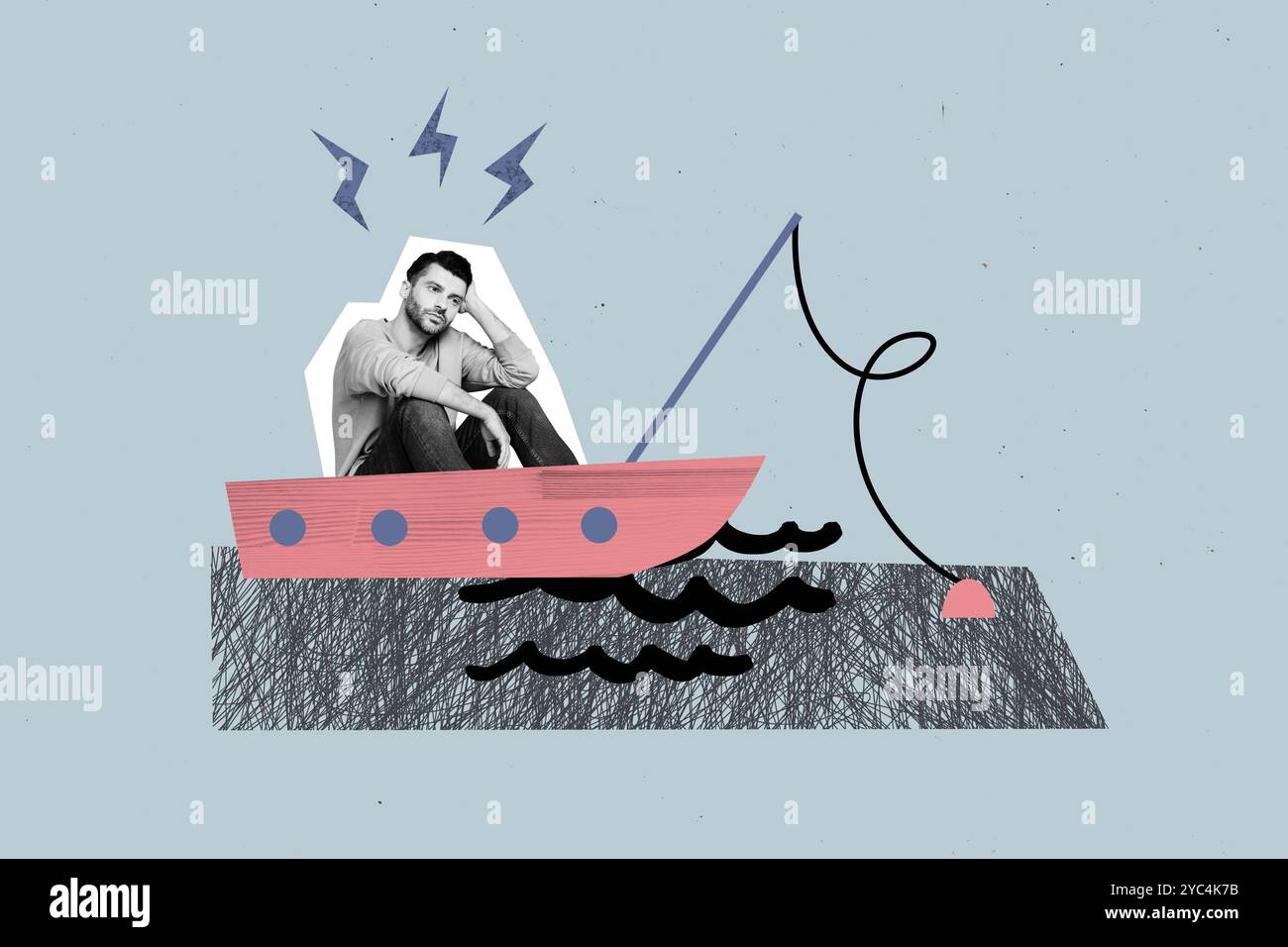 Composite photo collage of bored man sit boat summer vacation ship ...