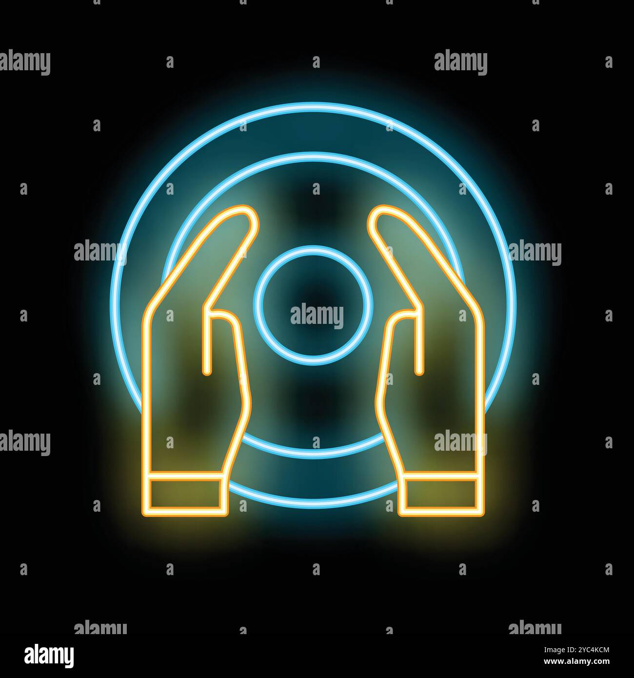 Two hands are touching a glowing virtual neon button on a dark ...