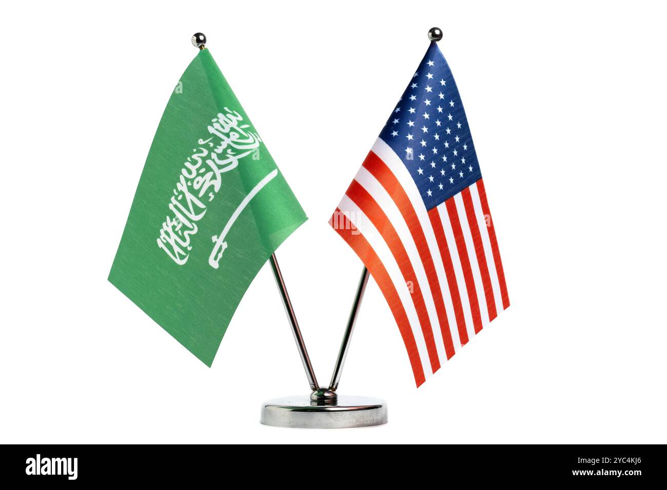 Saudi Arabia and United States table flags isolated on white background ...