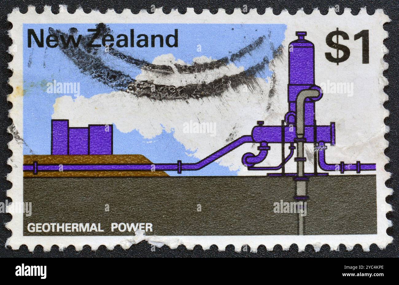 Cancelled postage stamp printed by New Zealand, that shows Geothermal ...
