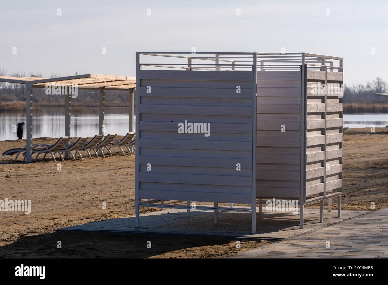 Beach changing rooms shore lake in early spring Stock Photo - Alamy