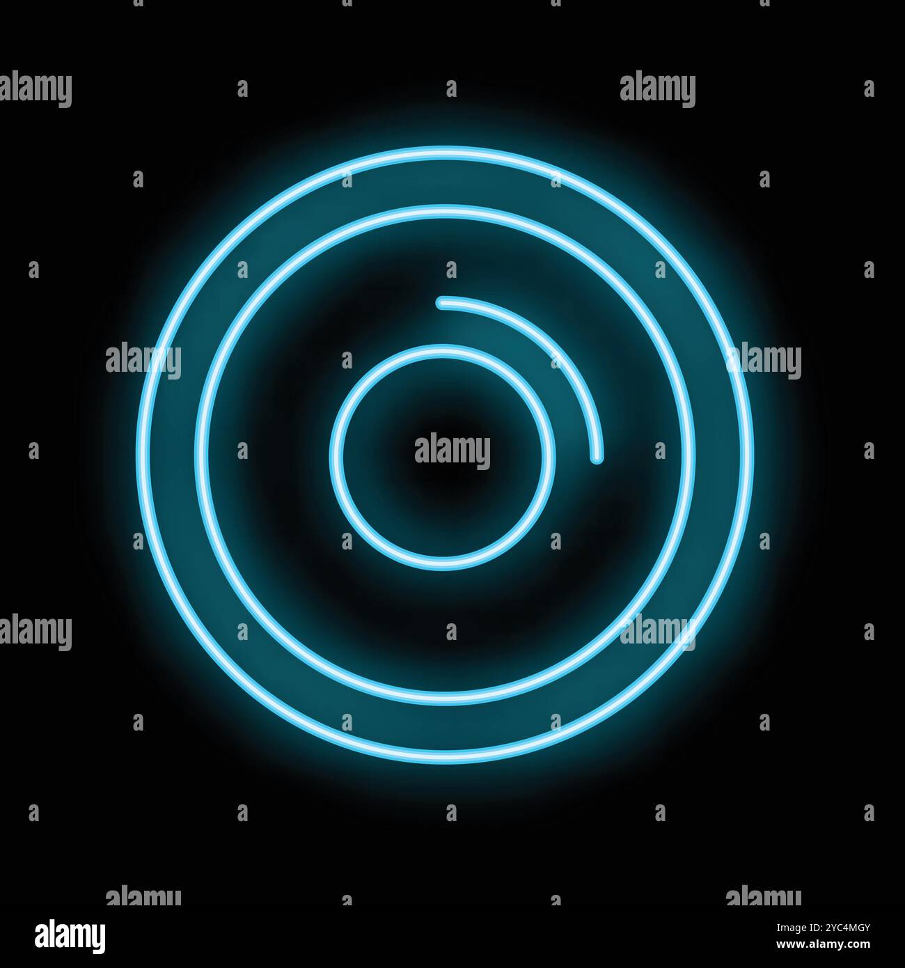 Abstract blue neon sign showing concentric circles on a black ...