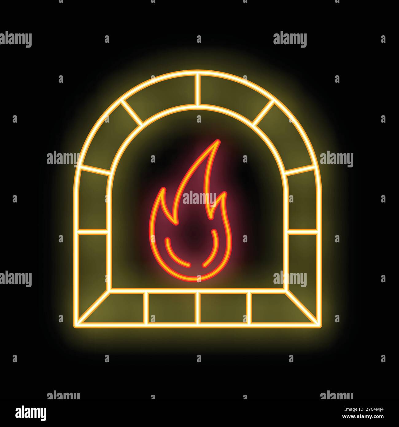 Bright neon sign of a brick oven burning with fire on a black ...