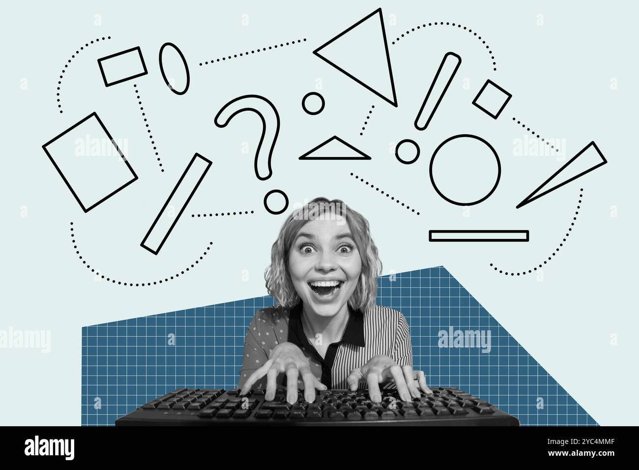 Creative collage image young crazy worker workaholic geometry figures ...