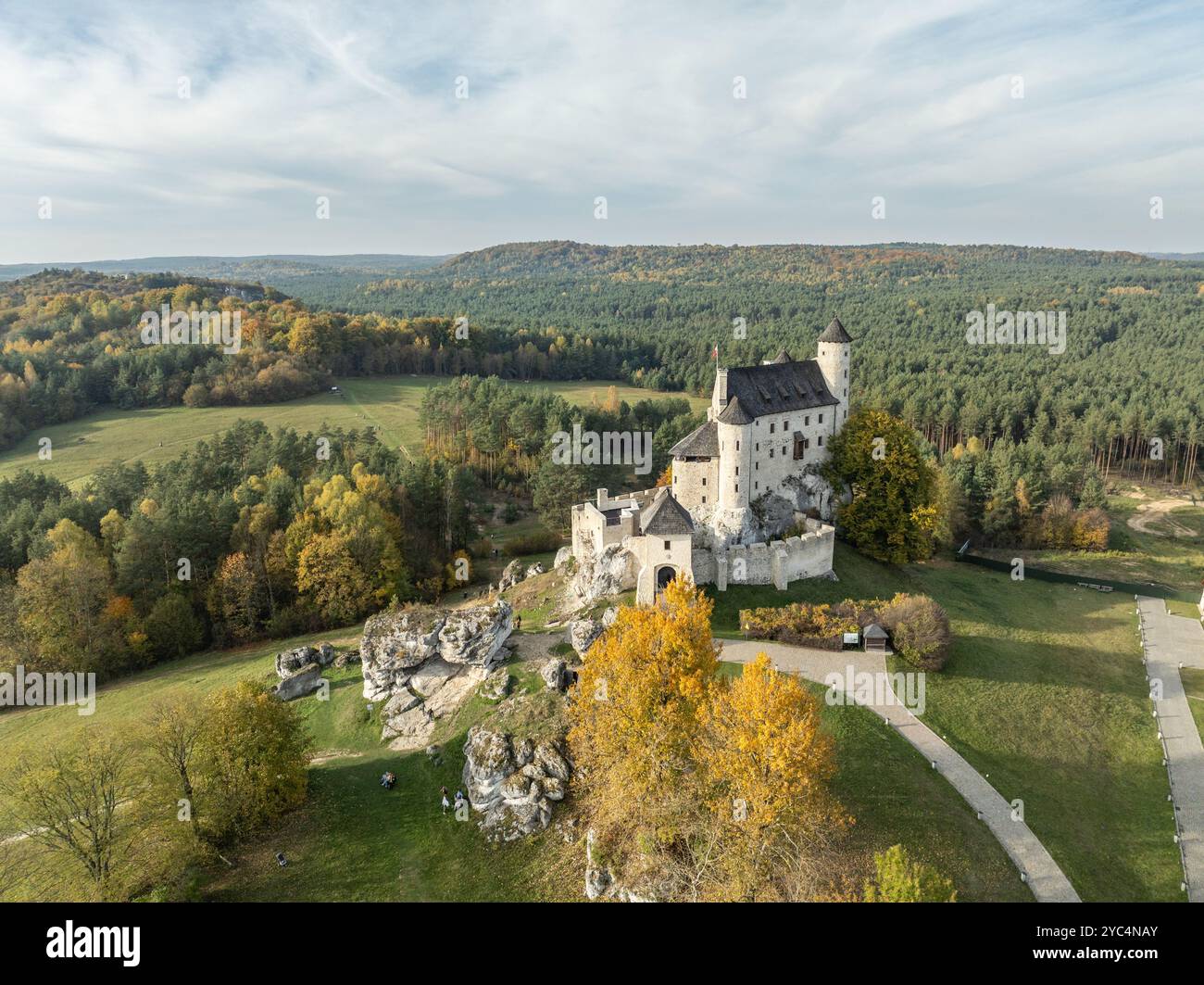Aerial drone view of Bobolice Castle in autumn.Limestone rock castle ...