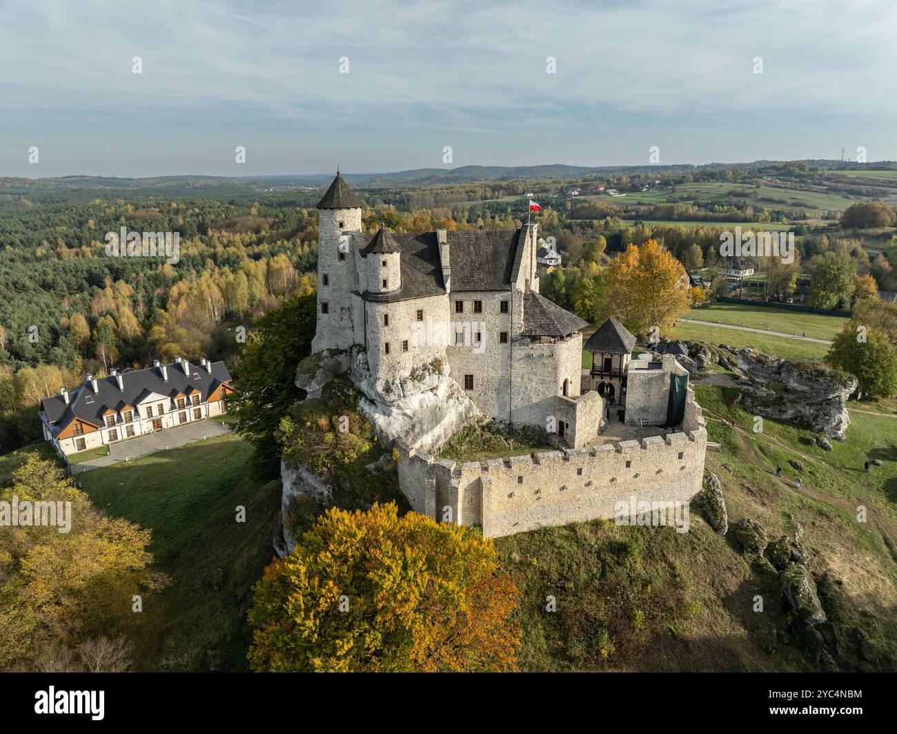 Aerial drone view of Bobolice Castle in autumn.Limestone rock castle ...
