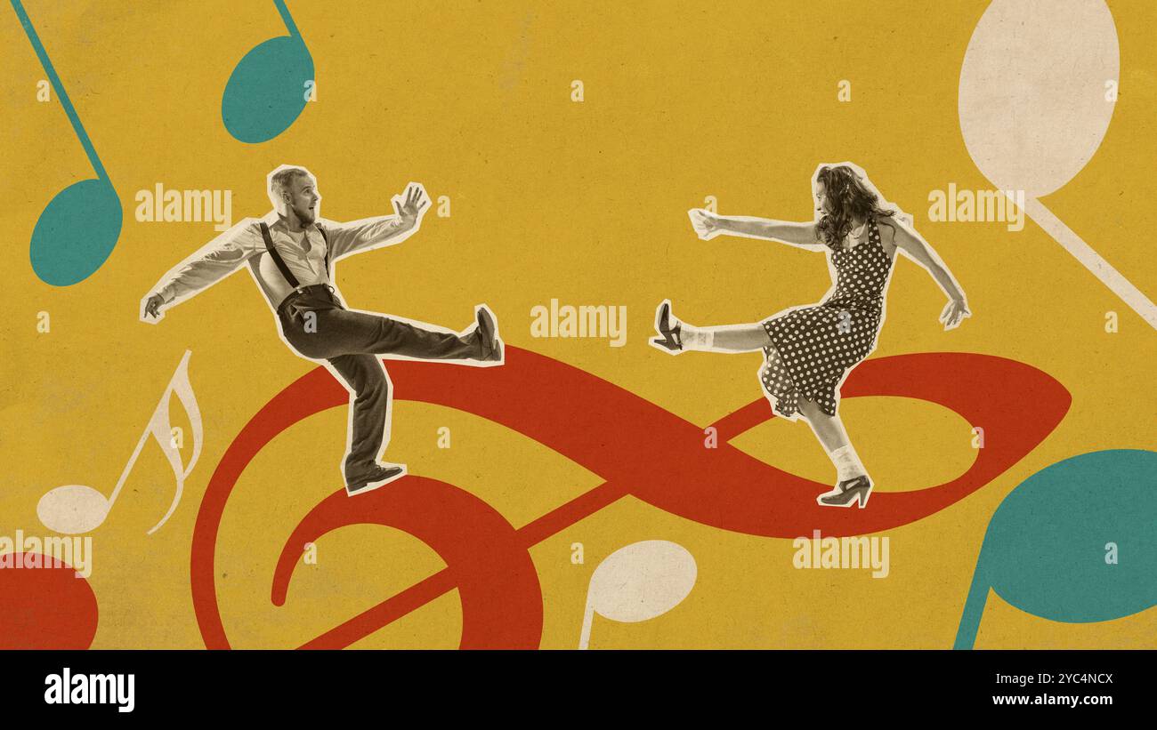 Couple engaged in playful dance routine, showcasing vintage-inspired ...