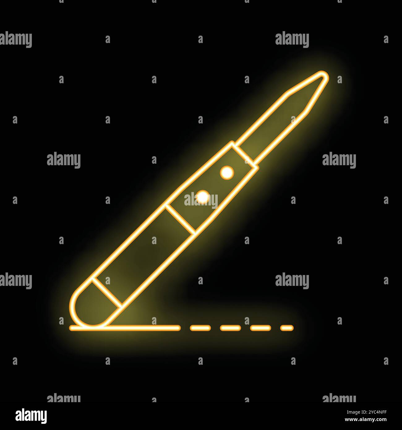 Yellow neon soldering iron icon drawing a dashed line on a dark ...