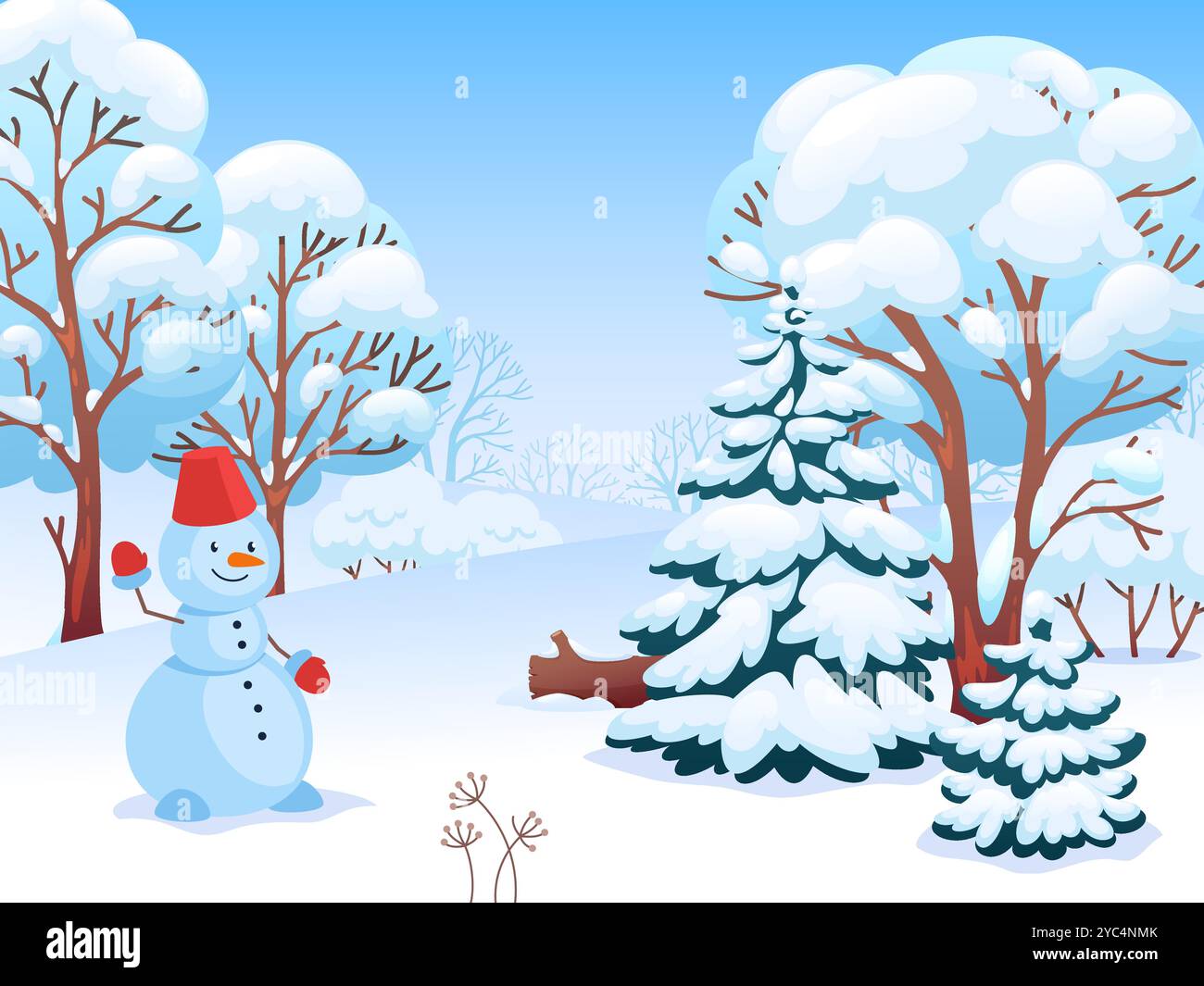 Winter snowy forest landscape. Funny snowman on frozen nature, cold ...