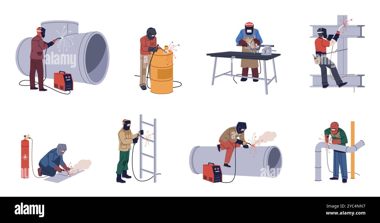 People weld metal. Welders work in protective masks and gloves, men ...