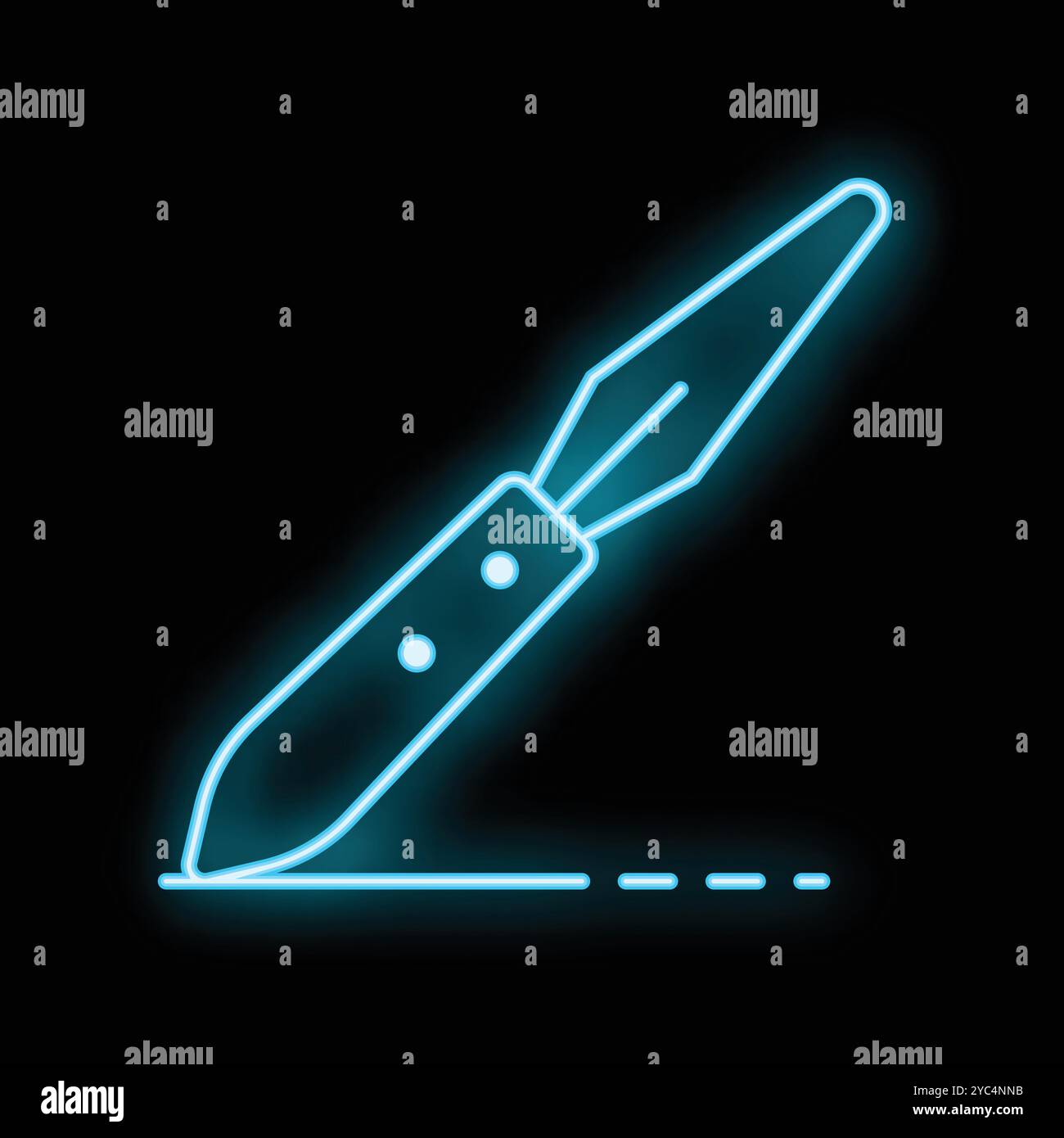 Blue neon icon of a scalpel cutting a dotted line, evoking surgery ...