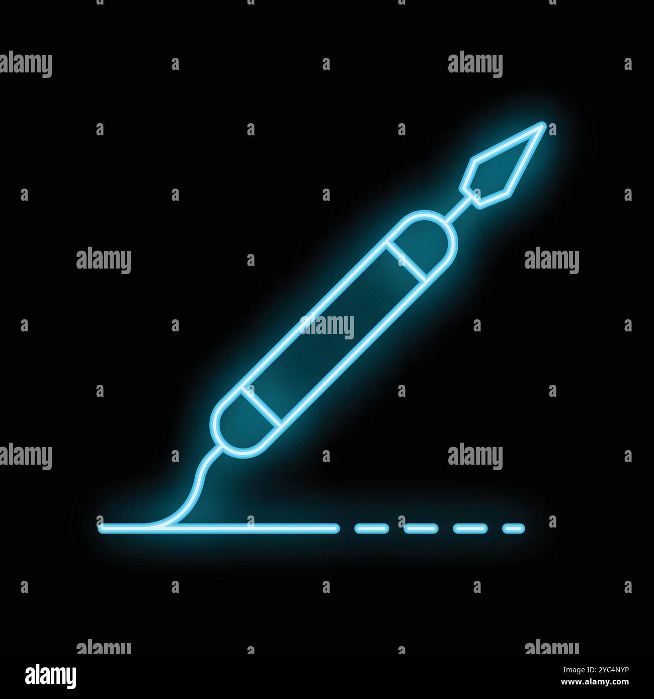 Blue neon sign of a stylus pen drawing a dashed line on a black ...