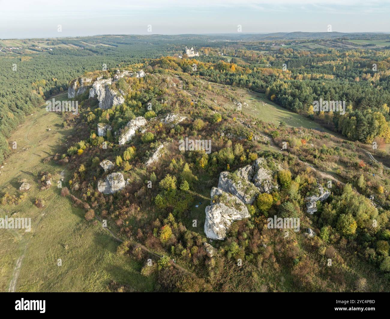 Aerial drone view of Bobolice Castle in autumn.Limestone rock castle ...