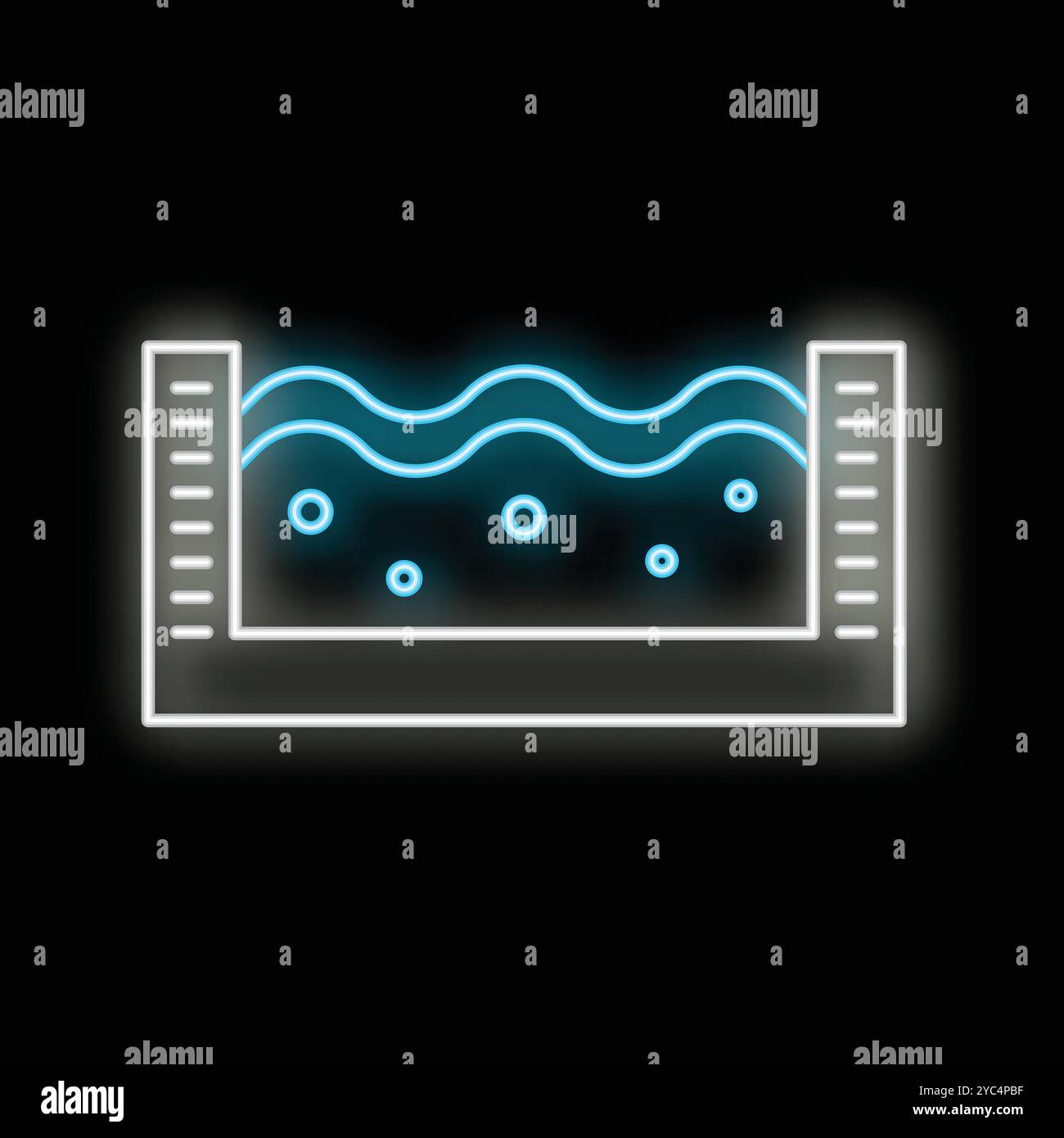 Glowing neon icon of a water tank with water level indicators on its ...