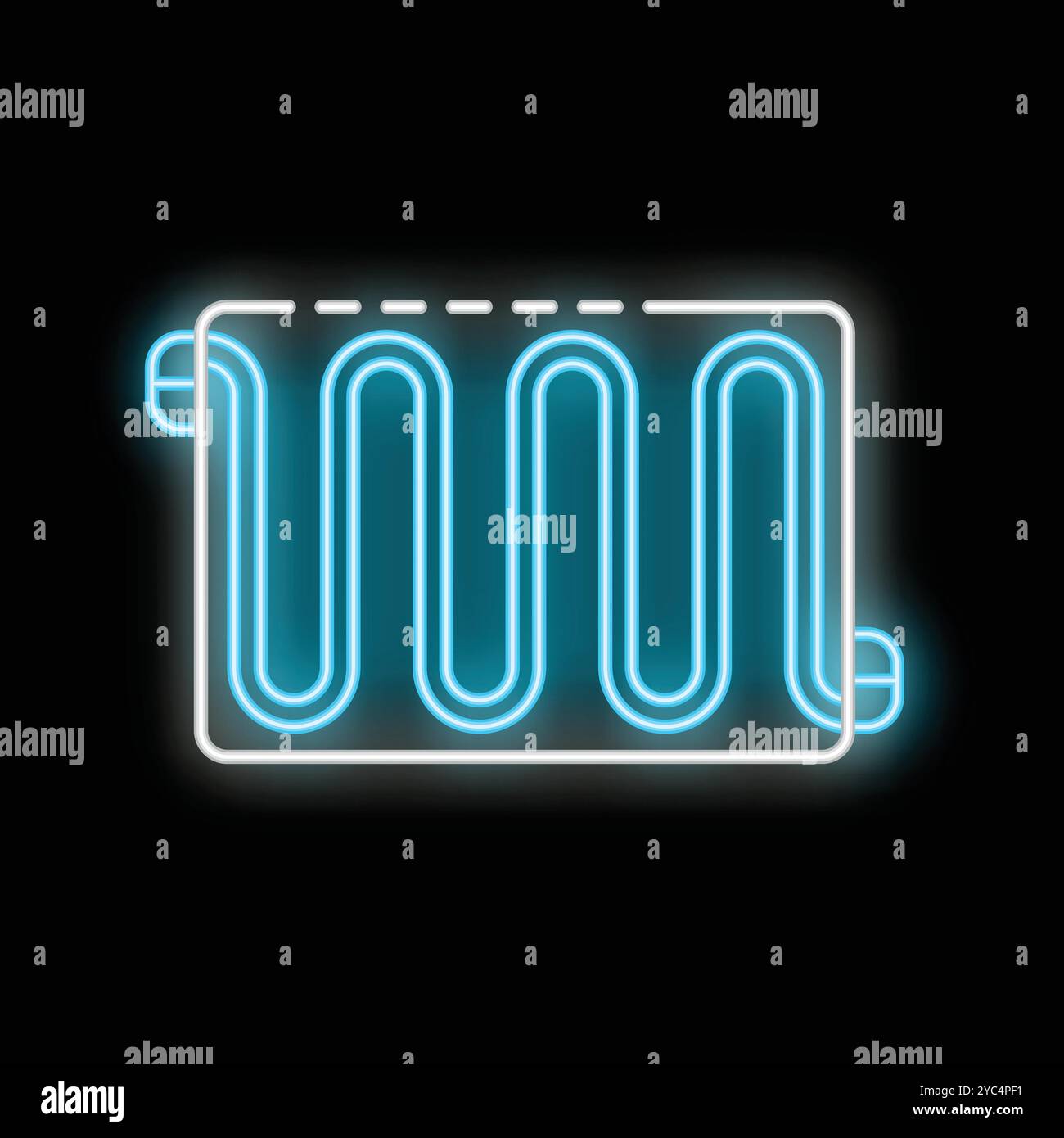 Glowing blue neon sign depicting a heating radiator, symbolizing warmth ...
