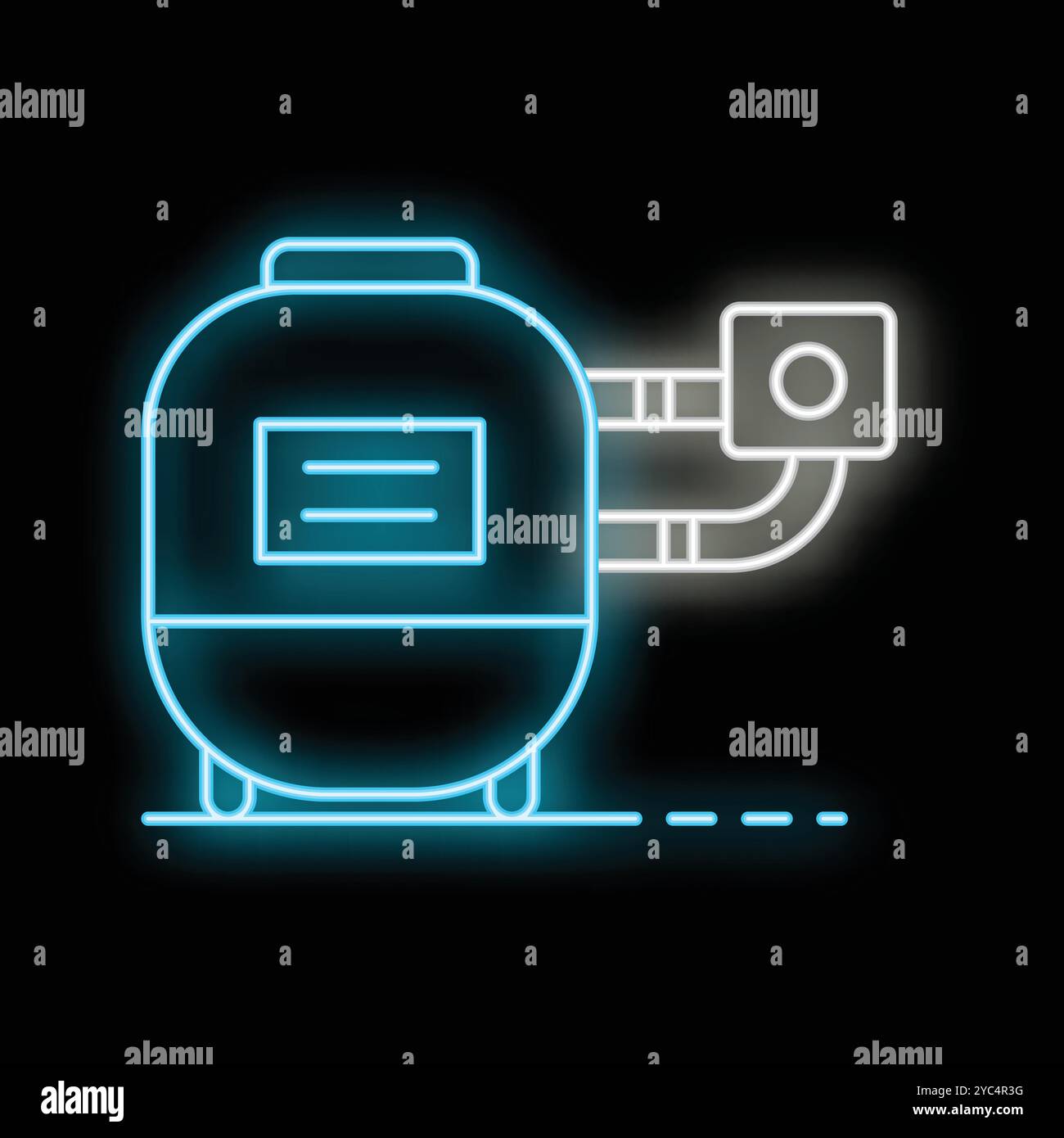 Glowing neon icon of a water filter system with pipes and a control ...