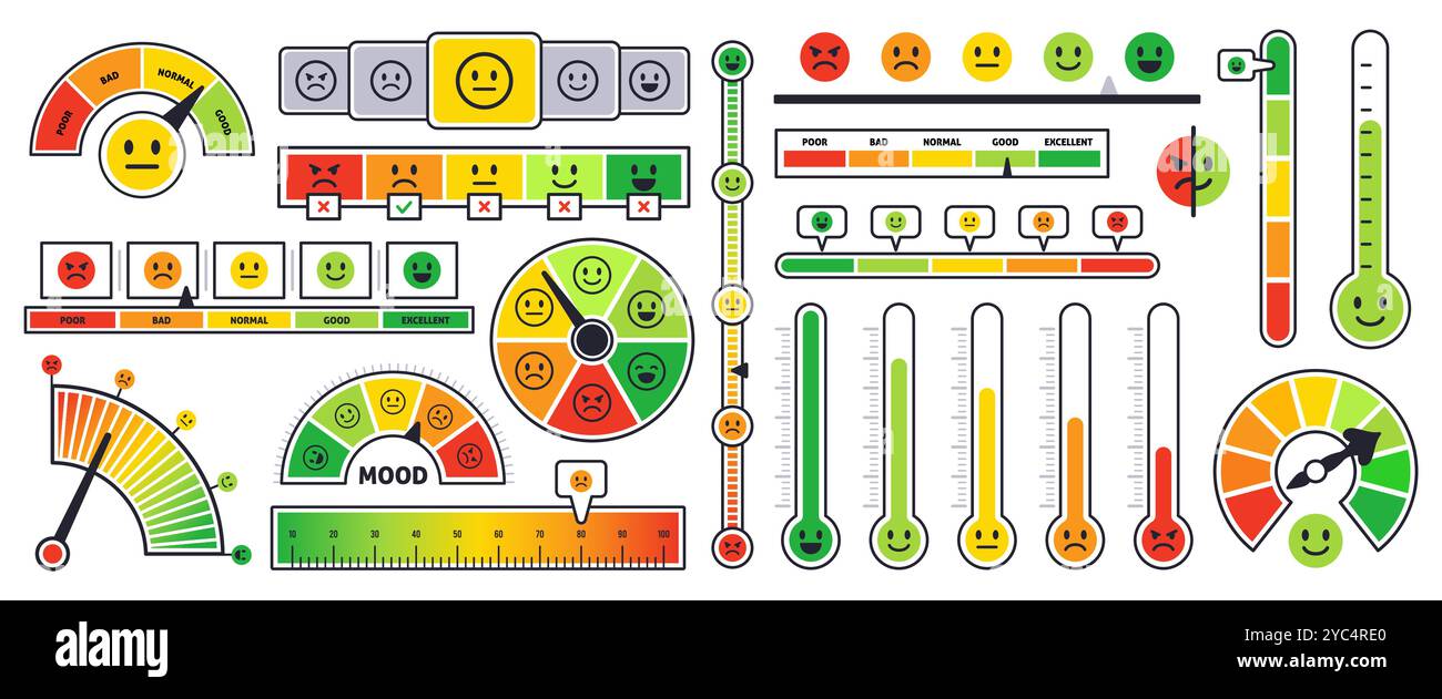 Customer satisfaction meter. Mood scale, indicators, sliders and ...