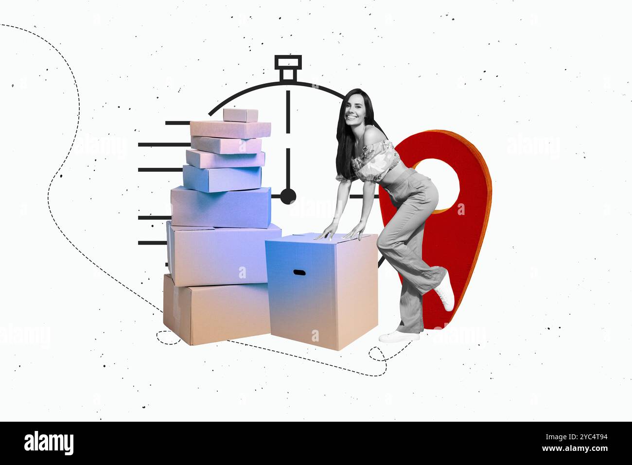 Composite photo collage of happy girl stand box pile carton geolocation ...