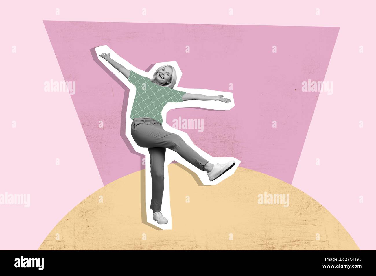 Creative collage picture young woman lightness step walk carefree ...