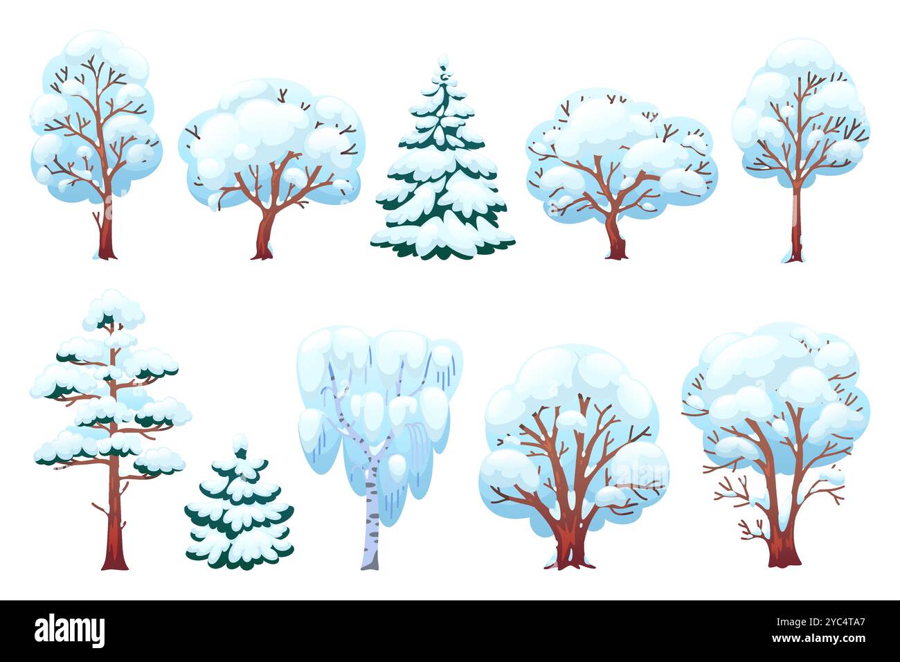 Cartoon winter trees. Snowy branches, coniferous and deciduous plants ...