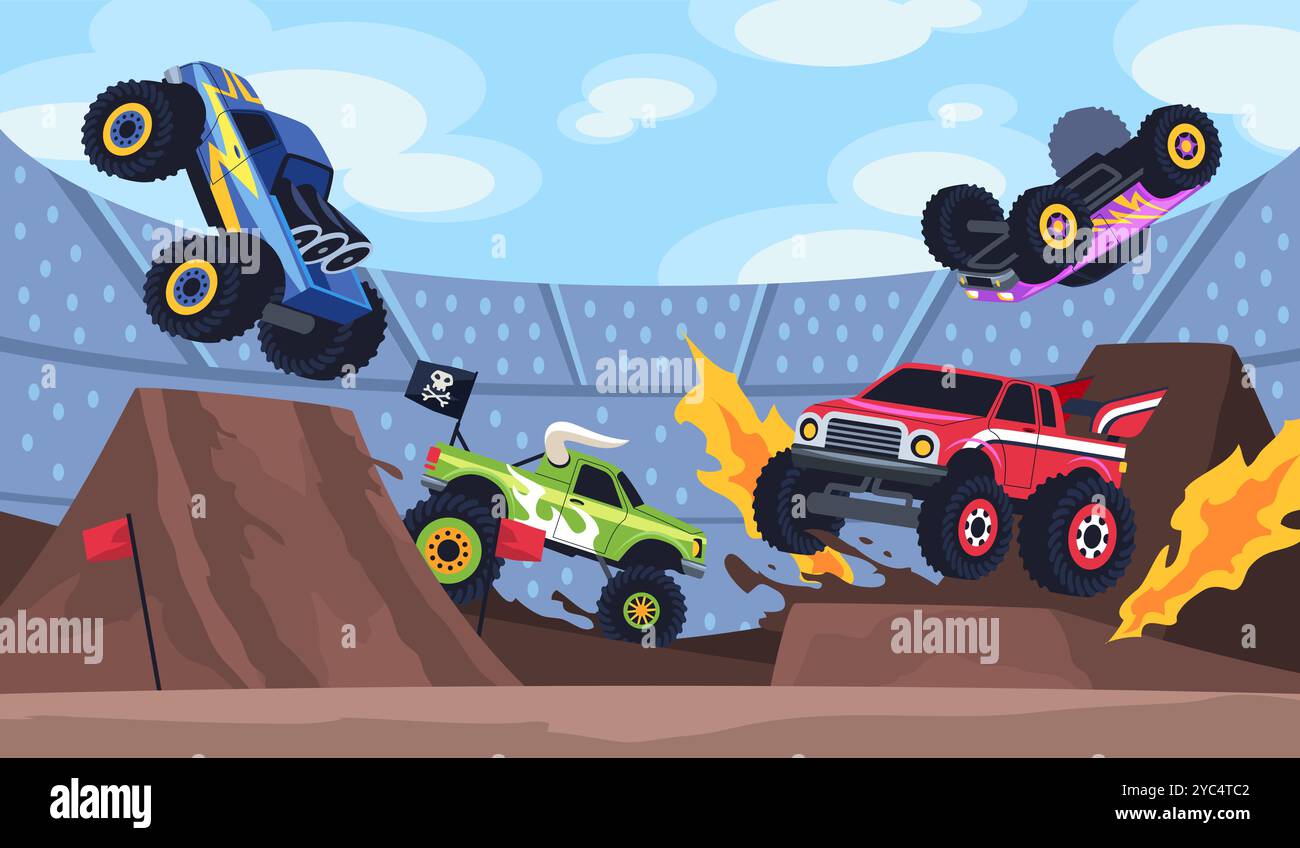 Cartoon monster trucks extreme show. Heavy cars with large wheels at ...