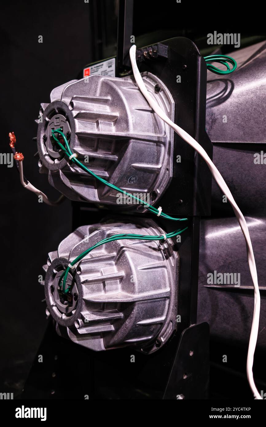 The rear drivers of cinema loudspeakers behind a cinema screen Stock ...