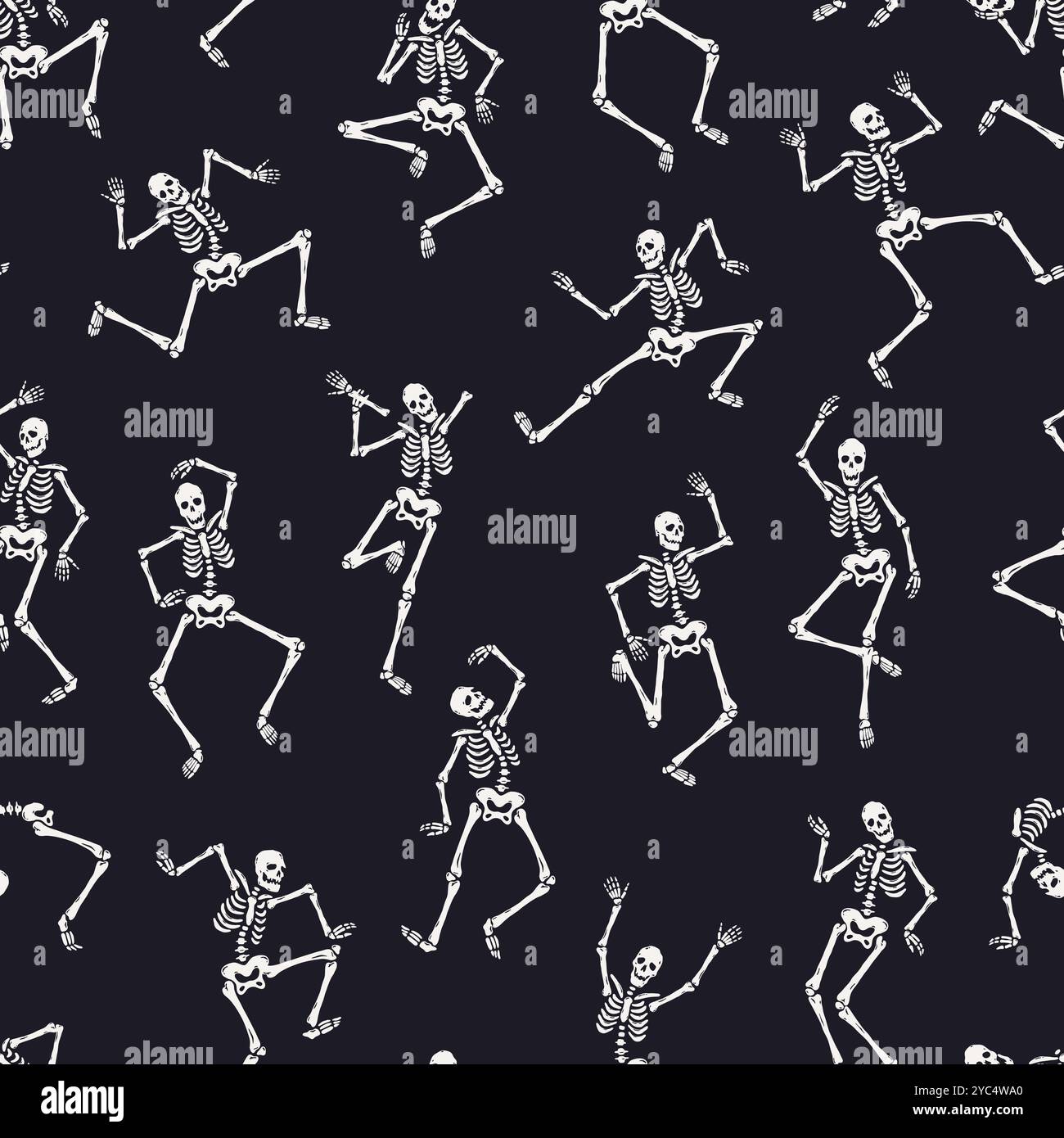 Cartoon skeletons dance seamless pattern. Halloween scary character in ...