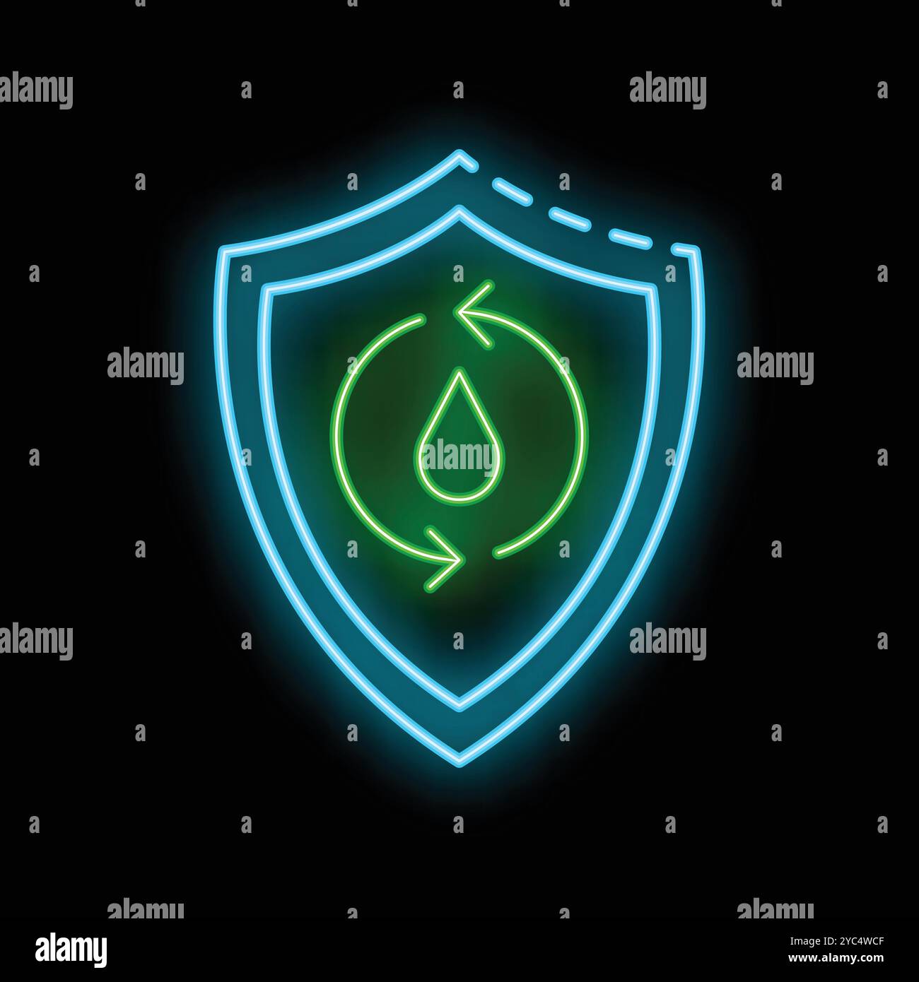 Neon sign depicting a shield with a water droplet inside a circular ...