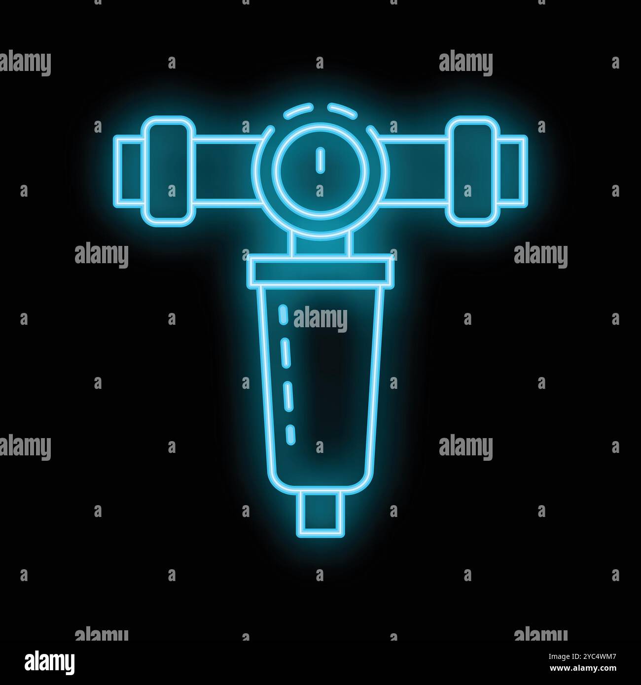 Glowing neon blue water filter with pipeline system on black background ...