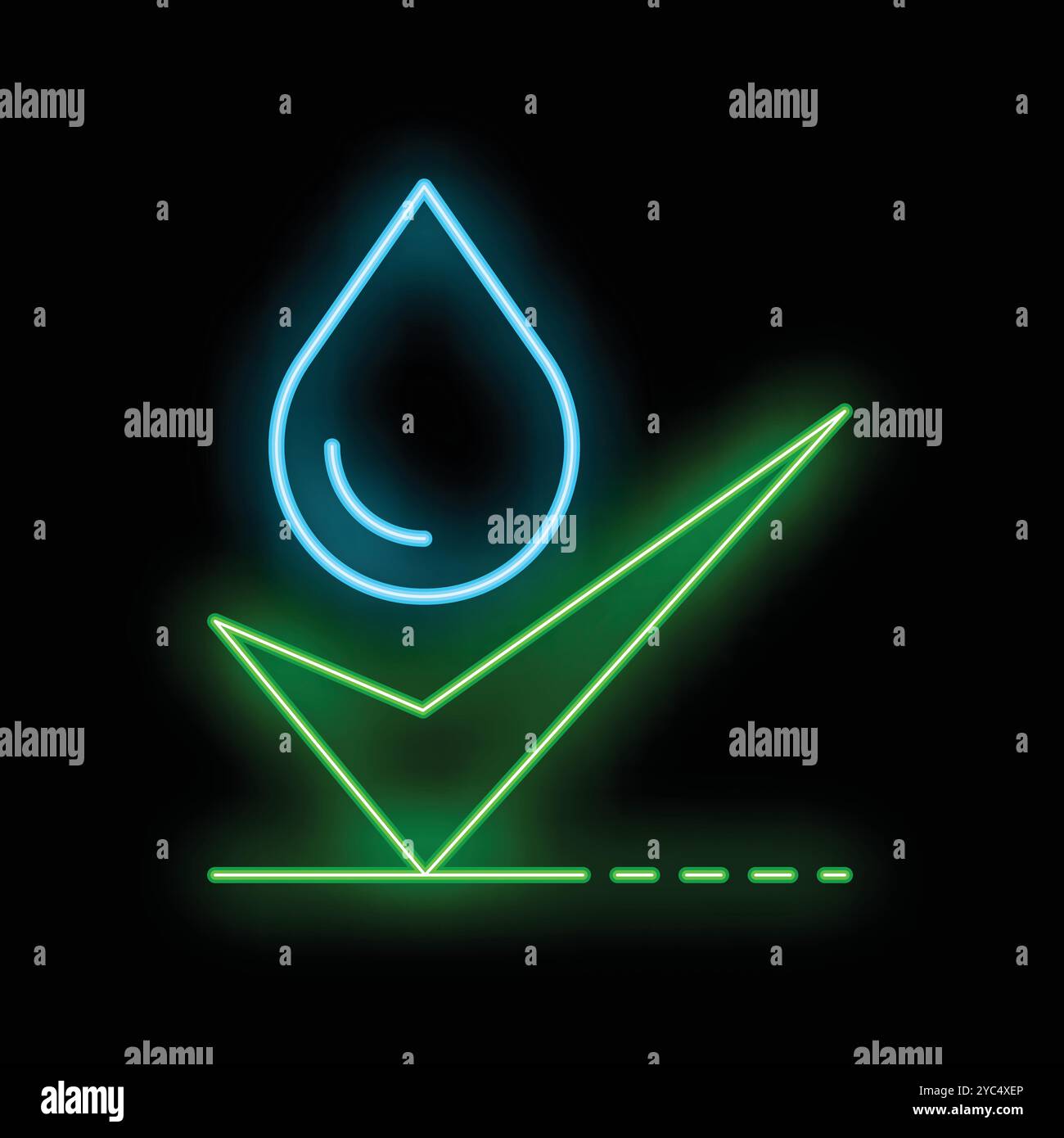 Glowing neon icon of a blue water drop with a green check mark ...